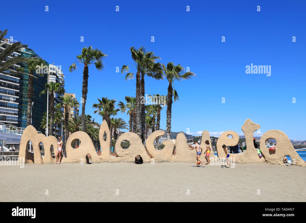 Sign for Malagueta Beach in Malaga city centre, on the Costa Del Sol ...