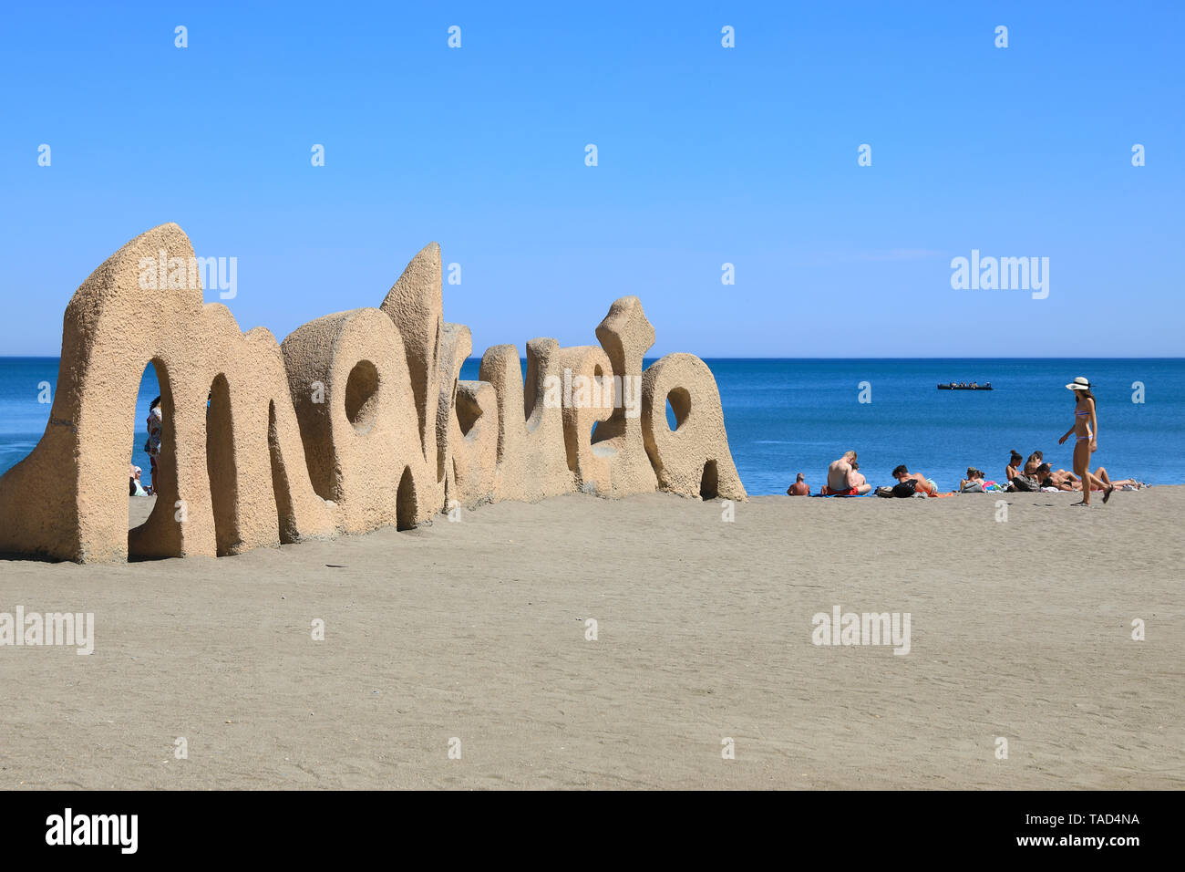 Sign for Malagueta Beach in Malaga city centre, on the Costa Del Sol ...