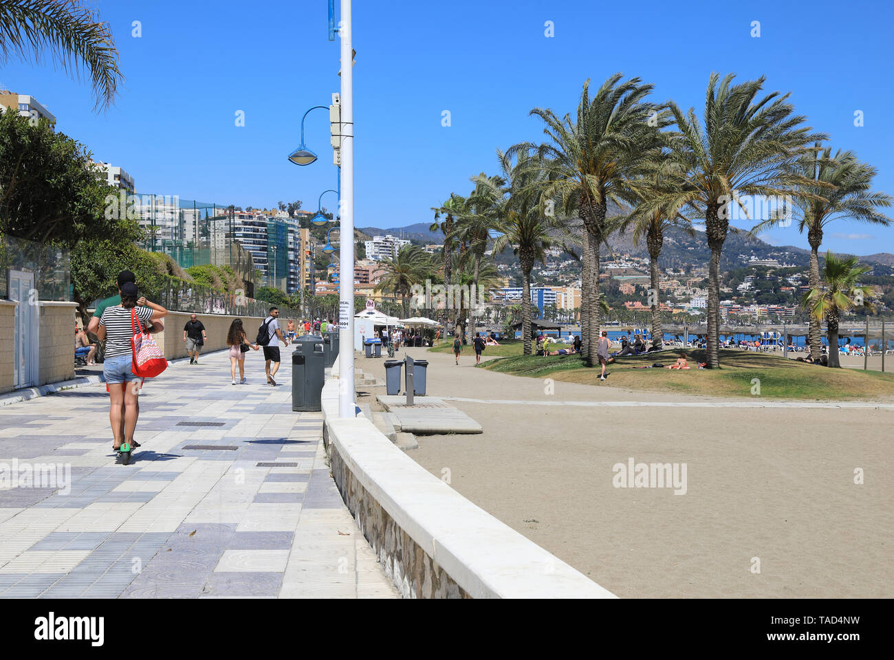 Promenade on Malagueta Beach in Malaga city, on the Costa del Sol, in ...