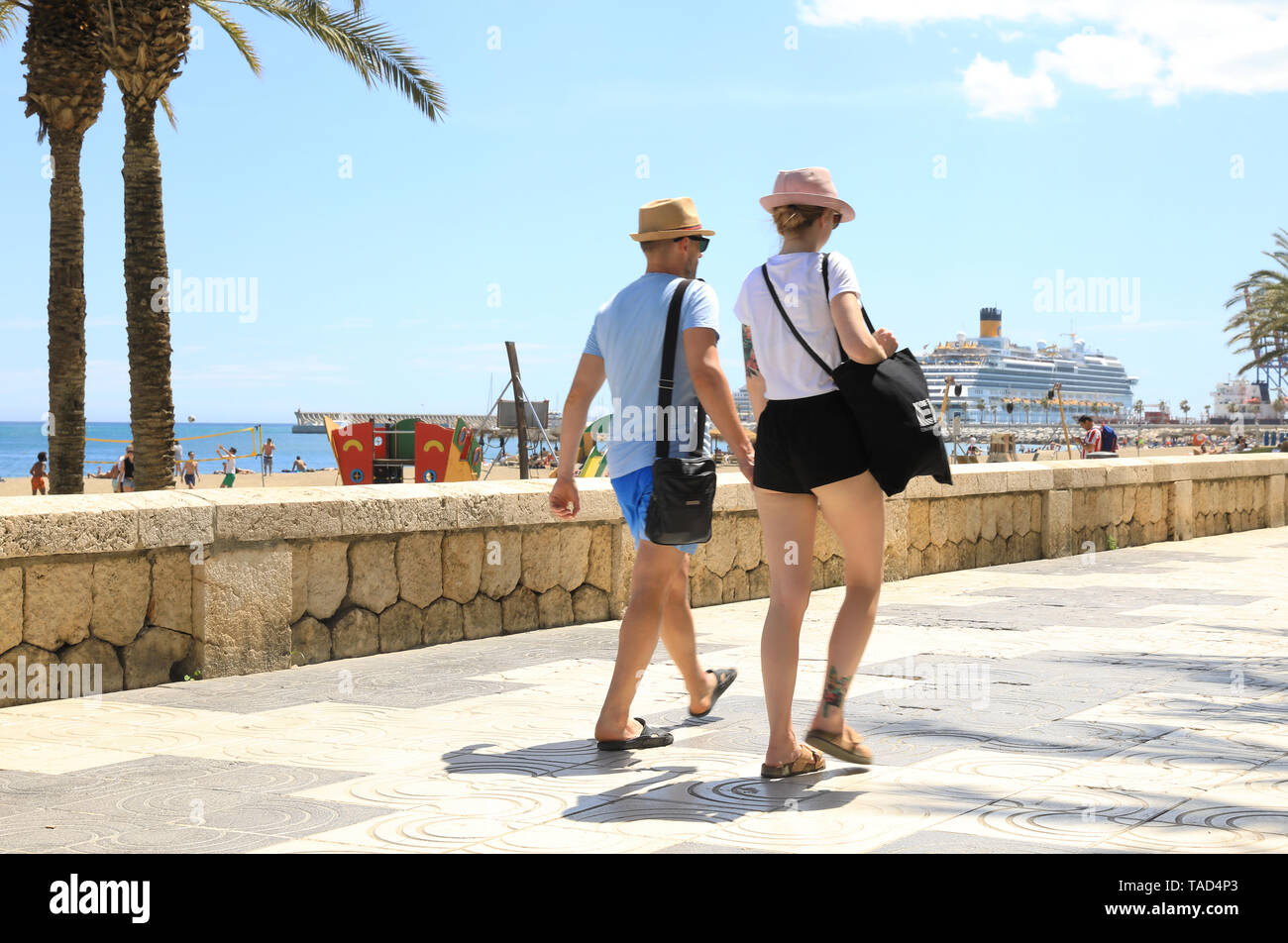 Promenade on Malagueta Beach in Malaga city, on the Costa del Sol, in ...