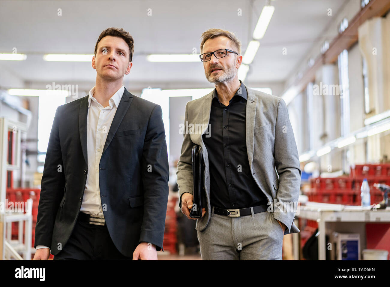 Two businessmen walking in a factory Stock Photo - Alamy