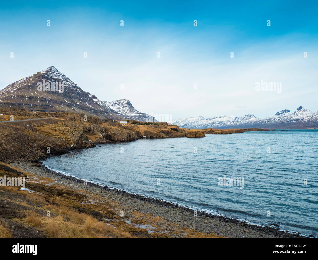 Iceland, Austurland, pyramid-shaped mountains on the way to Egilsstadir ...