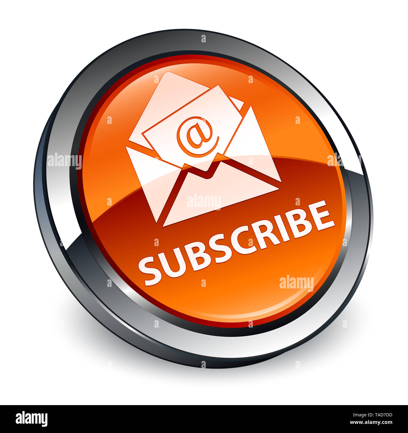 Subscribe (newsletter email icon) isolated on 3d brown round button ...