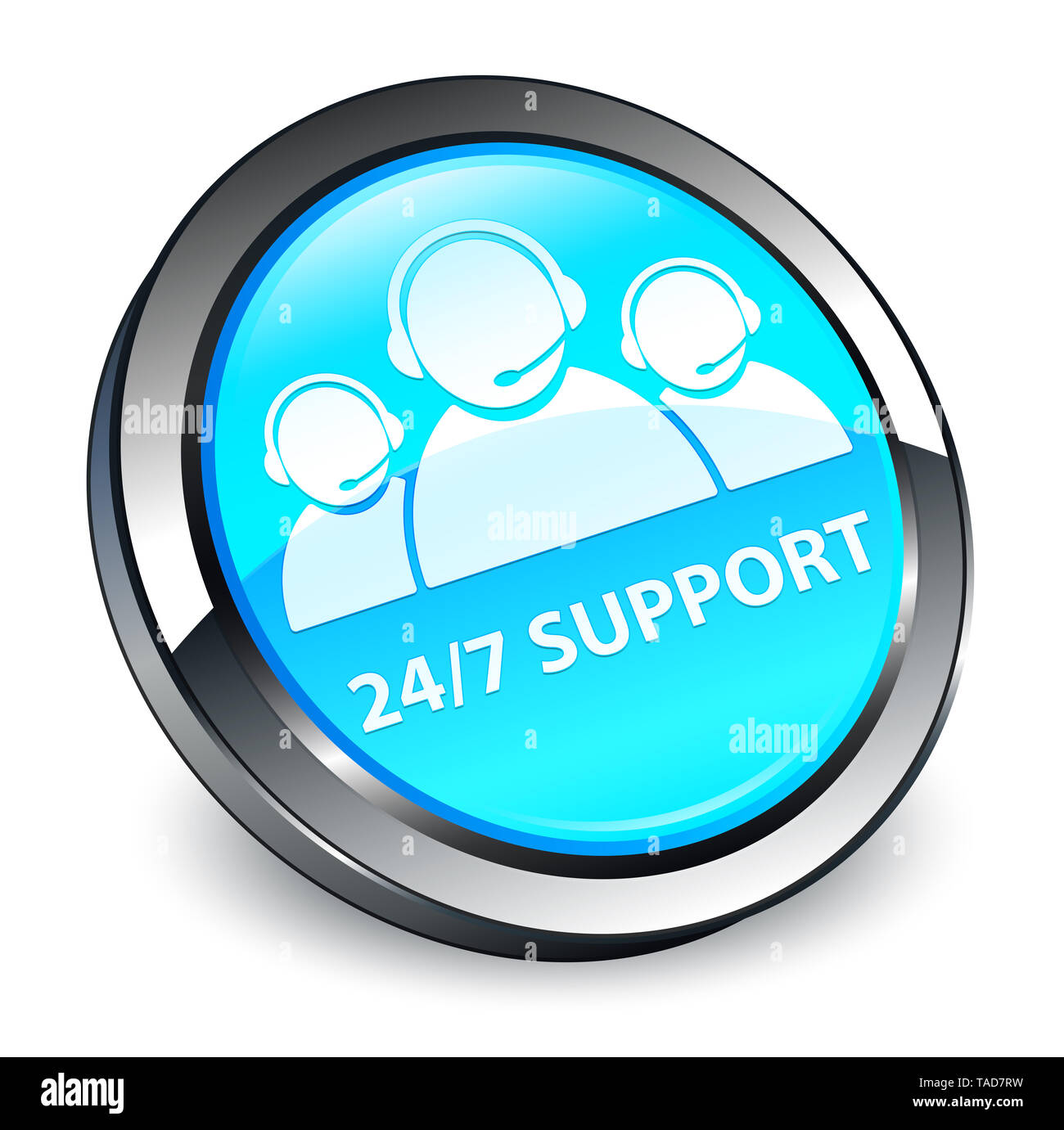 24/7 Support (customer care team icon) isolated on 3d cyan blue round ...