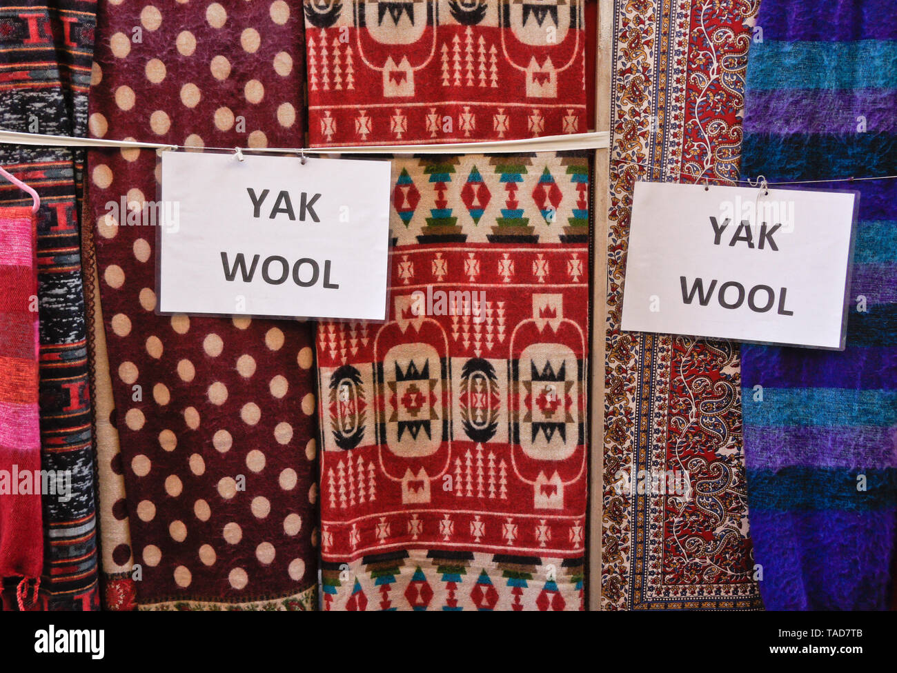 Yak wool products for sale in a narrow alley off Durbar Square ...
