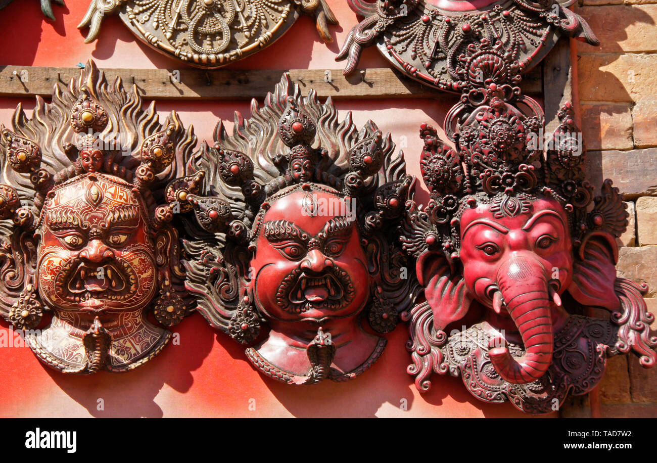 Hindu masks displayed for sale near Durbar Square, Bhaktapur, Nepal ...