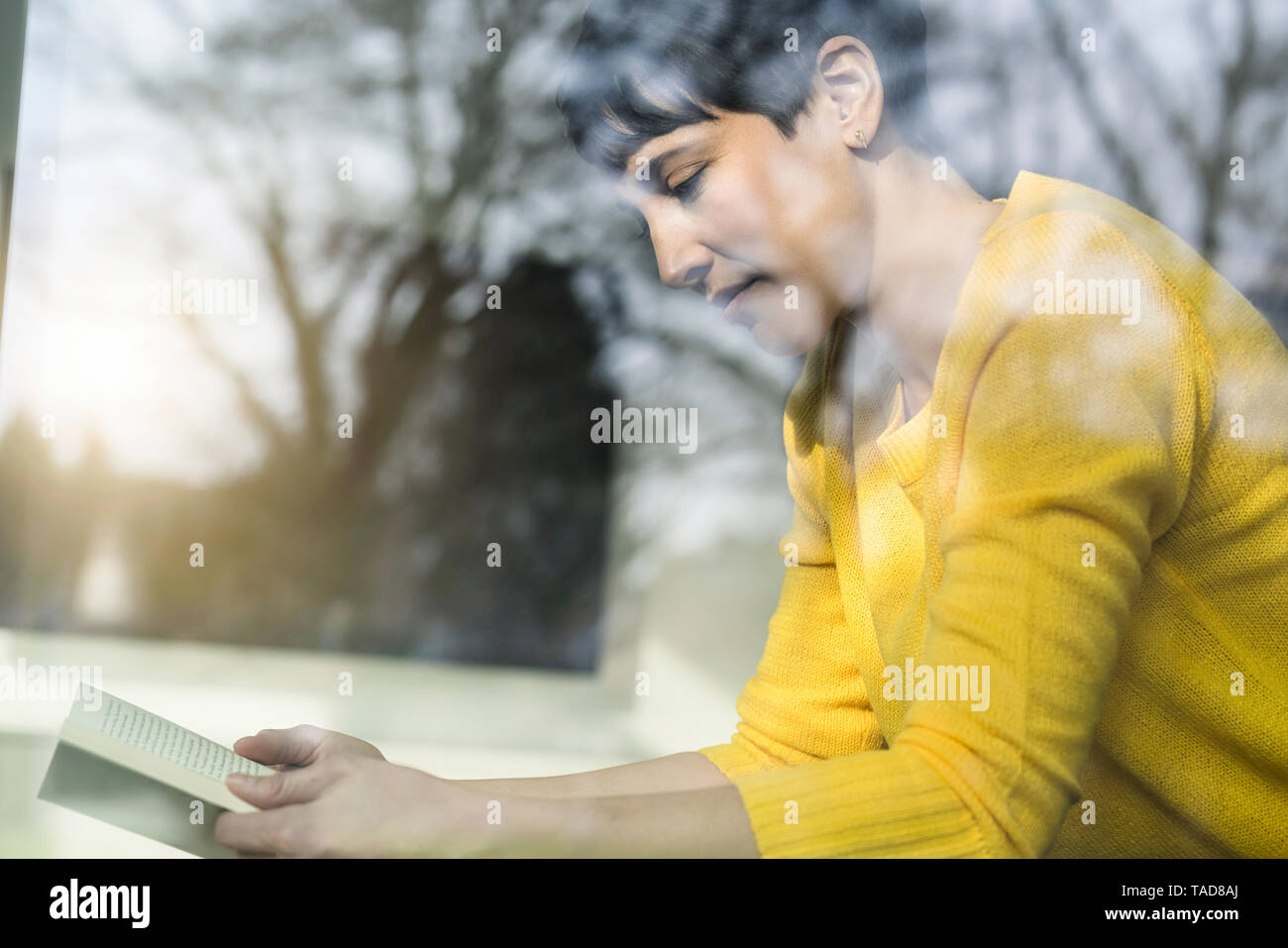 Woman sitting behind windowpane reading book Stock Photo - Alamy