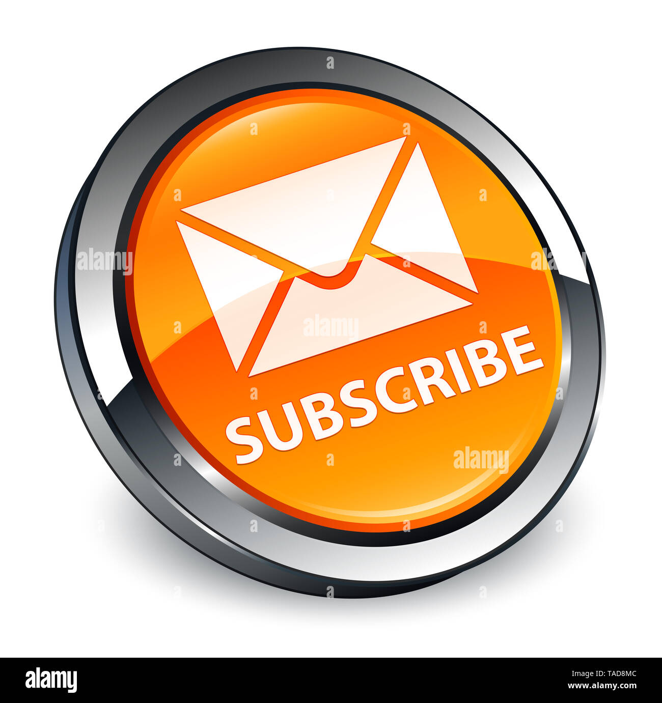 Subscribe (email icon) isolated on 3d orange round button abstract ...