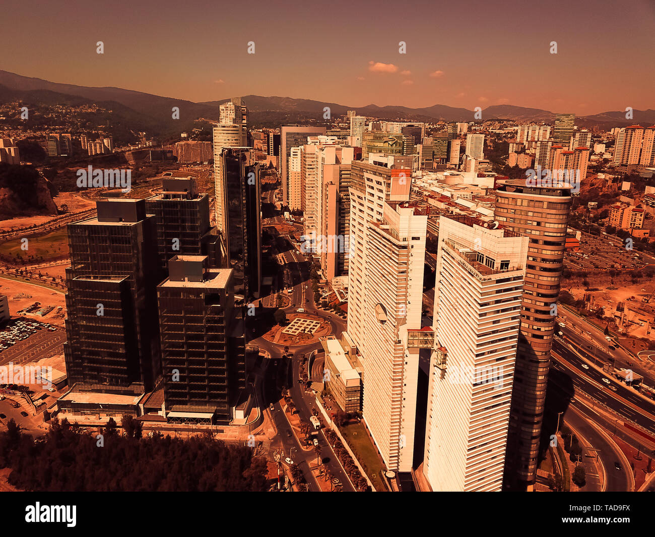 Aerial view of Santa Fe Mexico buildings and skyscrapers with mountain ...