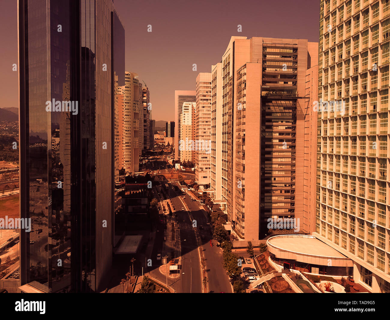 Aerial view of Santa Fe Mexico buildings and skyscrapers with mountain ...