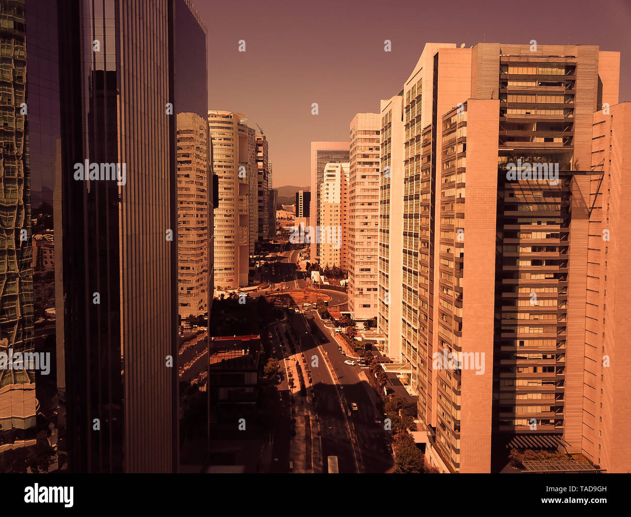 Aerial view of Santa Fe Mexico buildings and skyscrapers with mountain ...