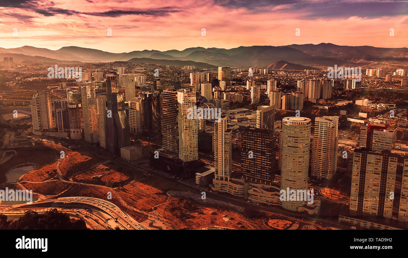Aerial view of Santa Fe Mexico buildings and skyscrapers with mountain ...