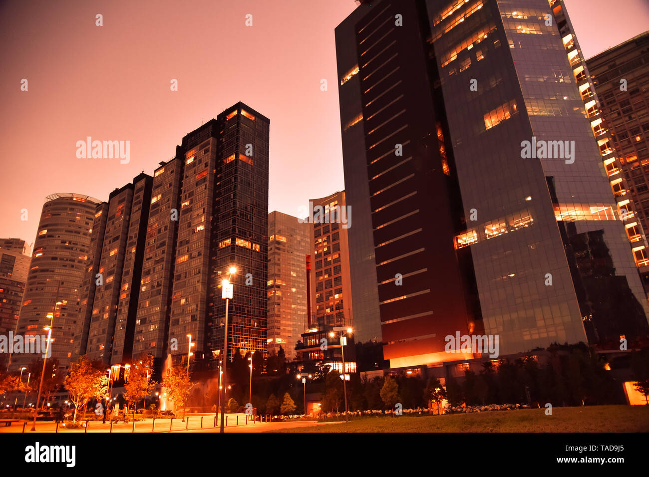 Aerial view of Santa Fe Mexico buildings and skyscrapers with mountain ...