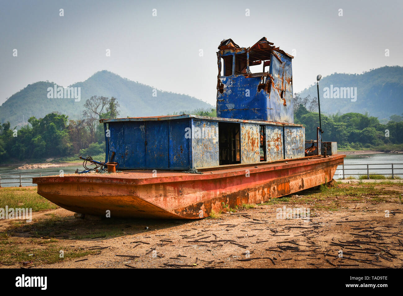 old boat on the riverside / ancient ship decay steel with rust metal ...