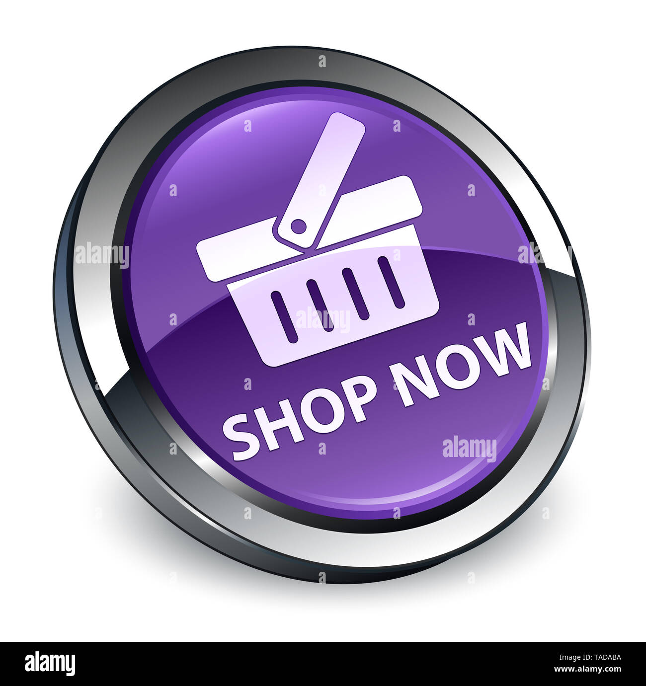 Shop now isolated on 3d purple round button abstract illustration Stock ...