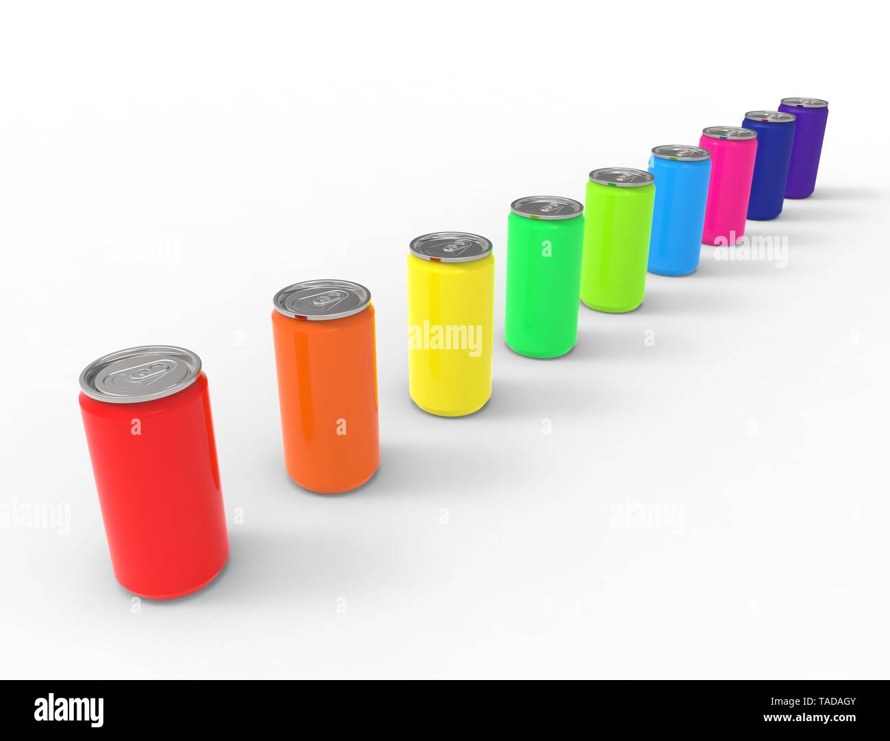 3D rendering of multiple colored soda cans isolated in white studio ...