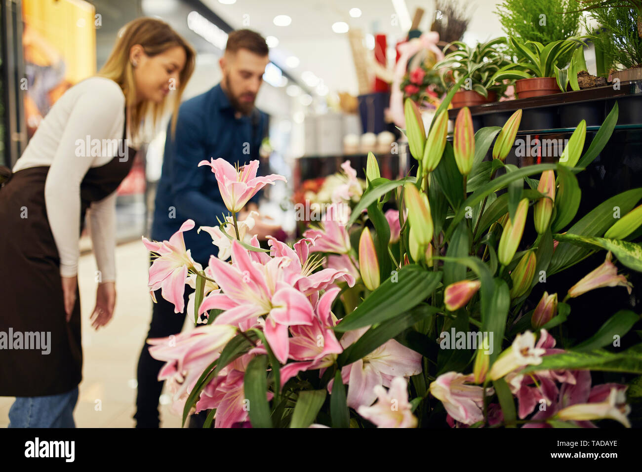 Custumer and shop assistant in flower shop Stock Photo - Alamy