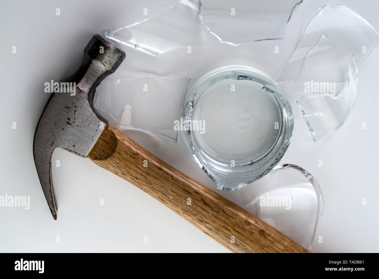 Broken Drinking Glass with hammer and shattered pieces birds view Stock ...