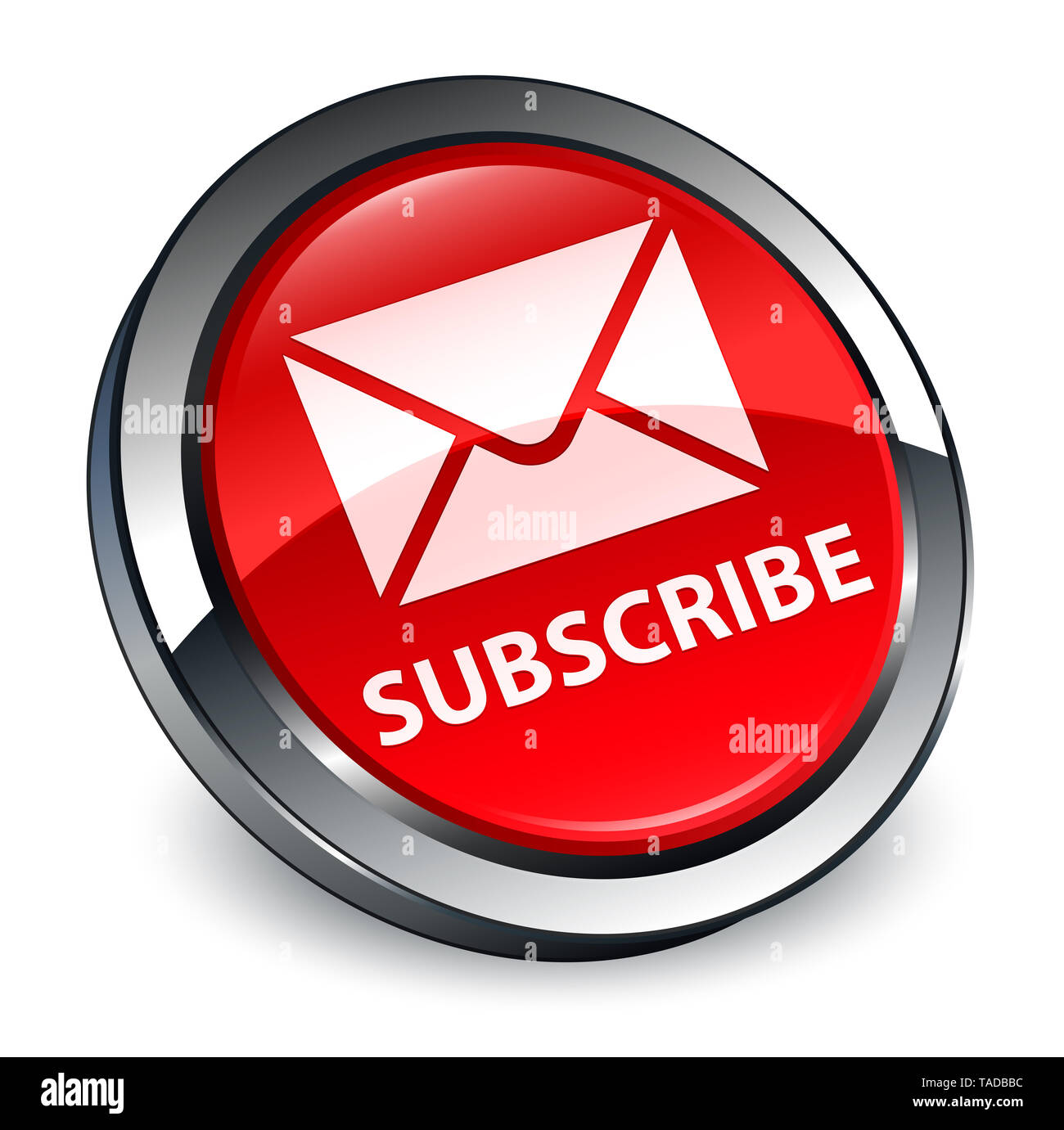Subscribe (email icon) isolated on 3d red round button abstract ...