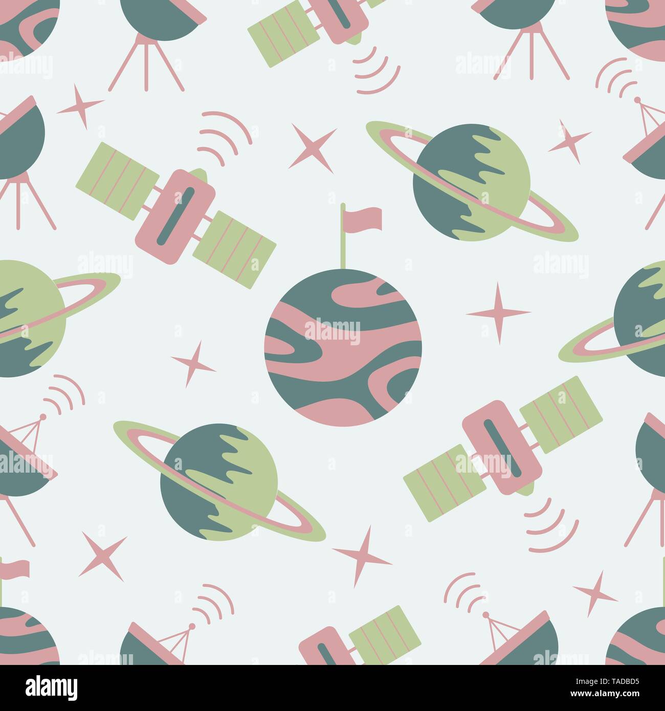 Seamless vector pattern with planets, Saturn, stars, orbital station ...