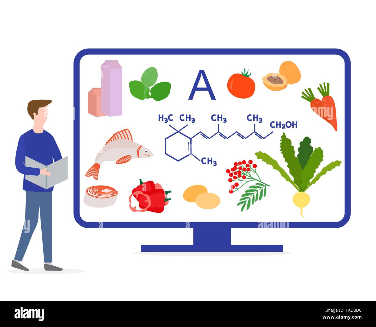 Vector illustration with man and display showing healthy foods rich in ...