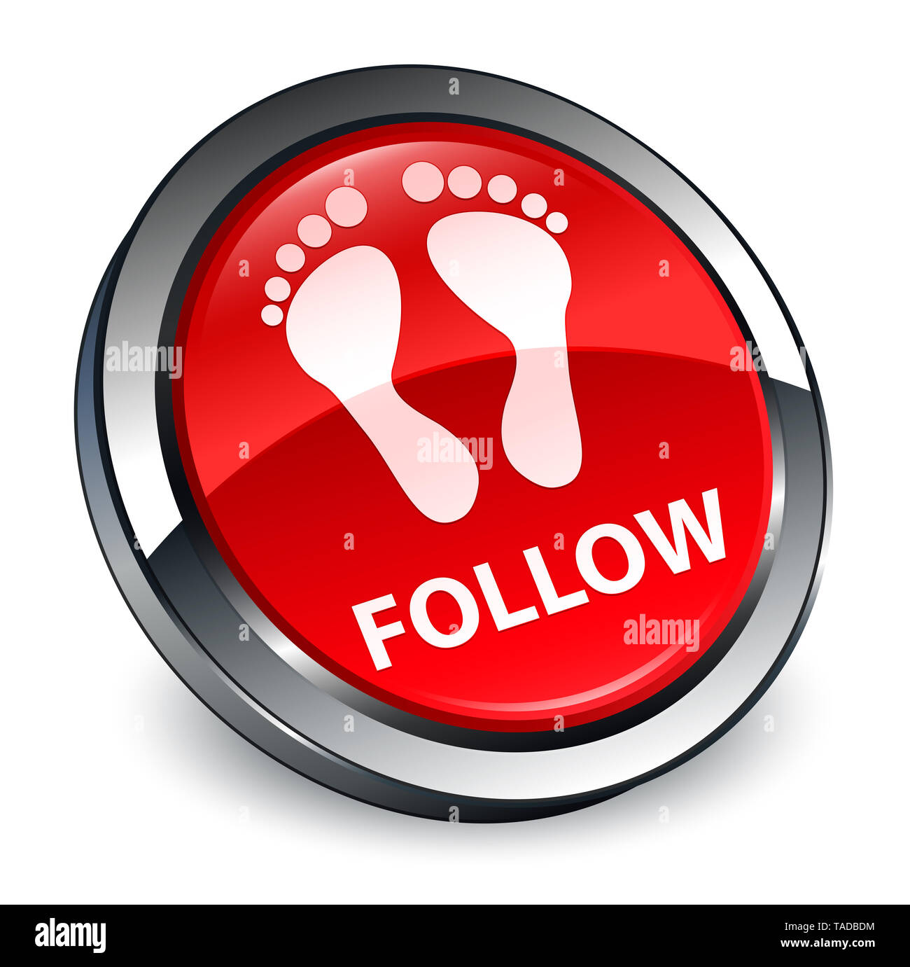 Follow (footprint icon) isolated on 3d red round button abstract ...