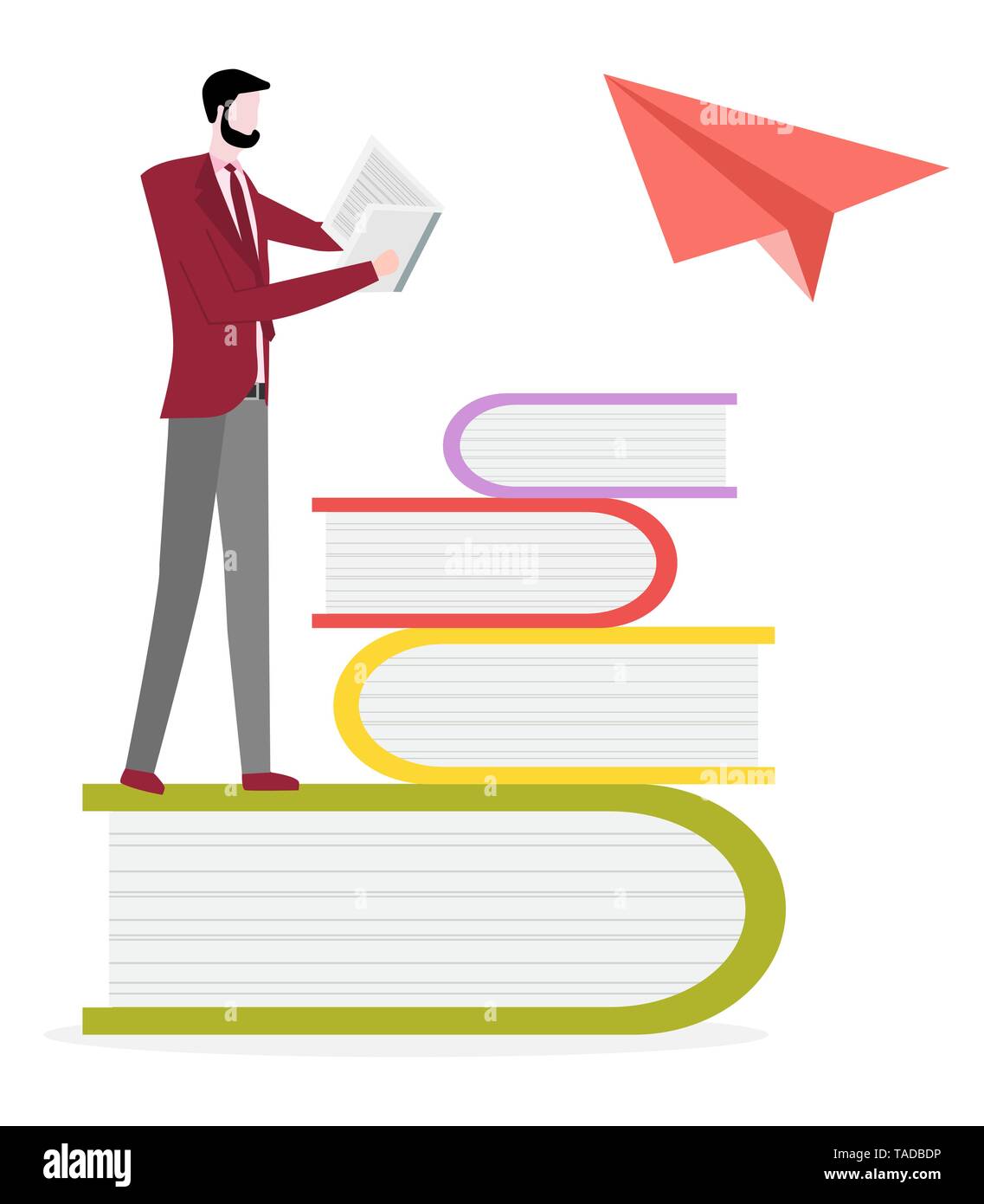 Vector illustration with man and books. Male reader, stack of giant ...
