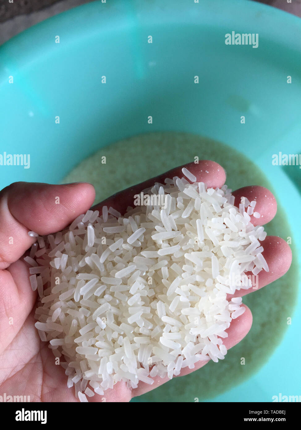 Beautiful background . Female hand holding uncooked rice . Thai rice at ...