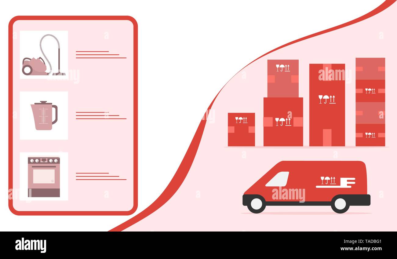 Vector illustration with order goods online. Warehouse, delivery. Cargo ...