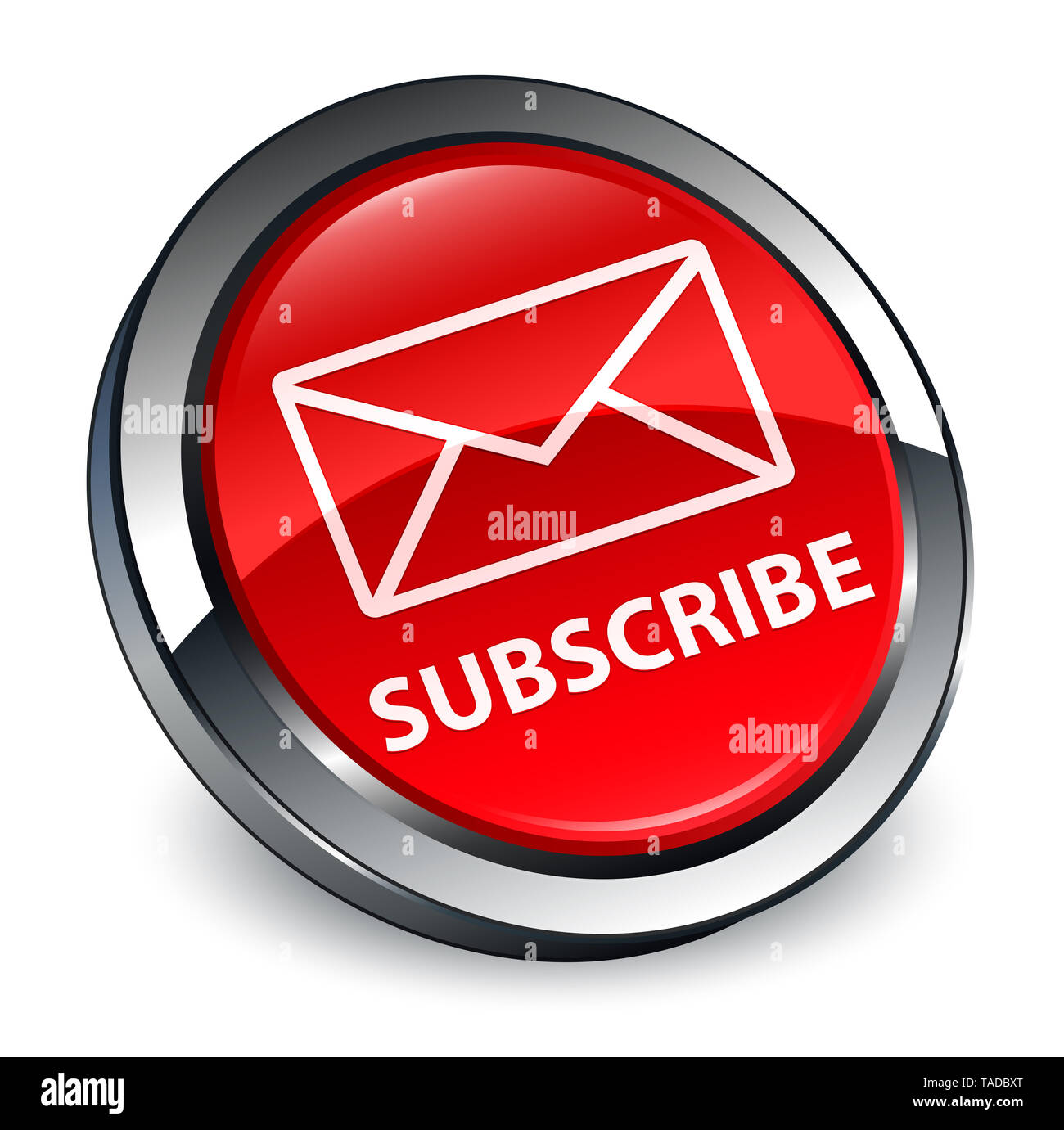 Subscribe (email icon) isolated on 3d red round button abstract ...