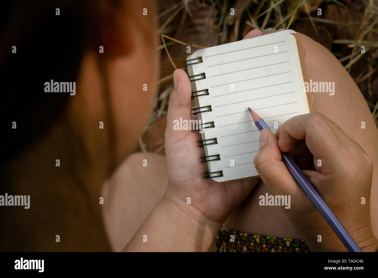 Write a feeling in a small notebook with a purple pencil Stock Photo ...