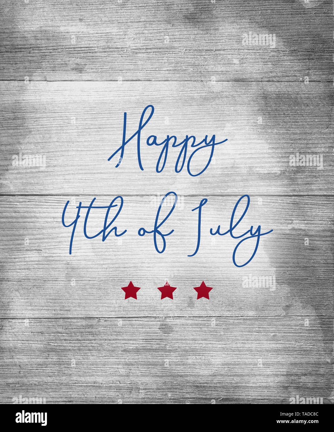 Happy 4th of July sign in blue letters with red stars on wood ...