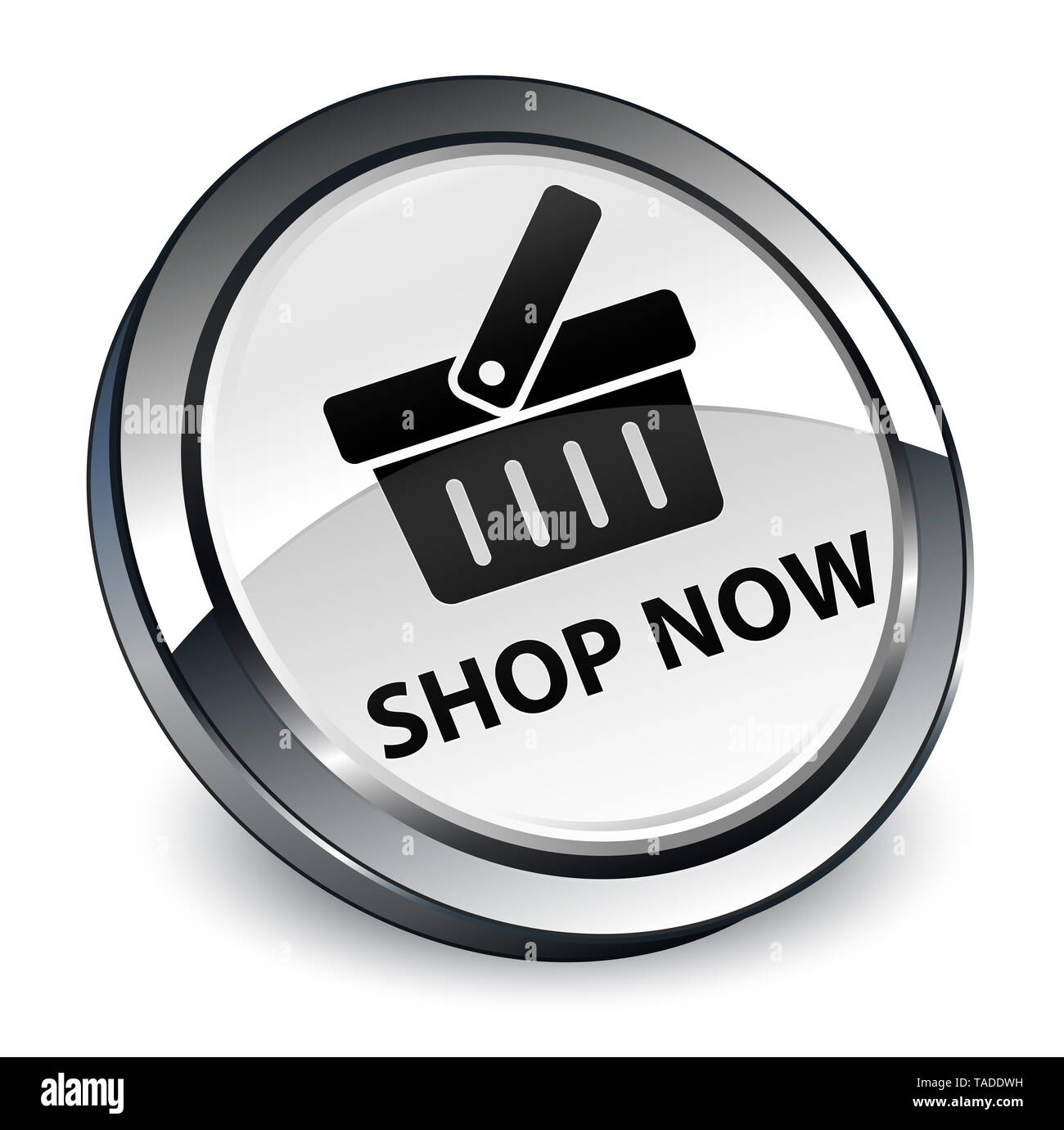 Shop now isolated on 3d white round button abstract illustration Stock ...