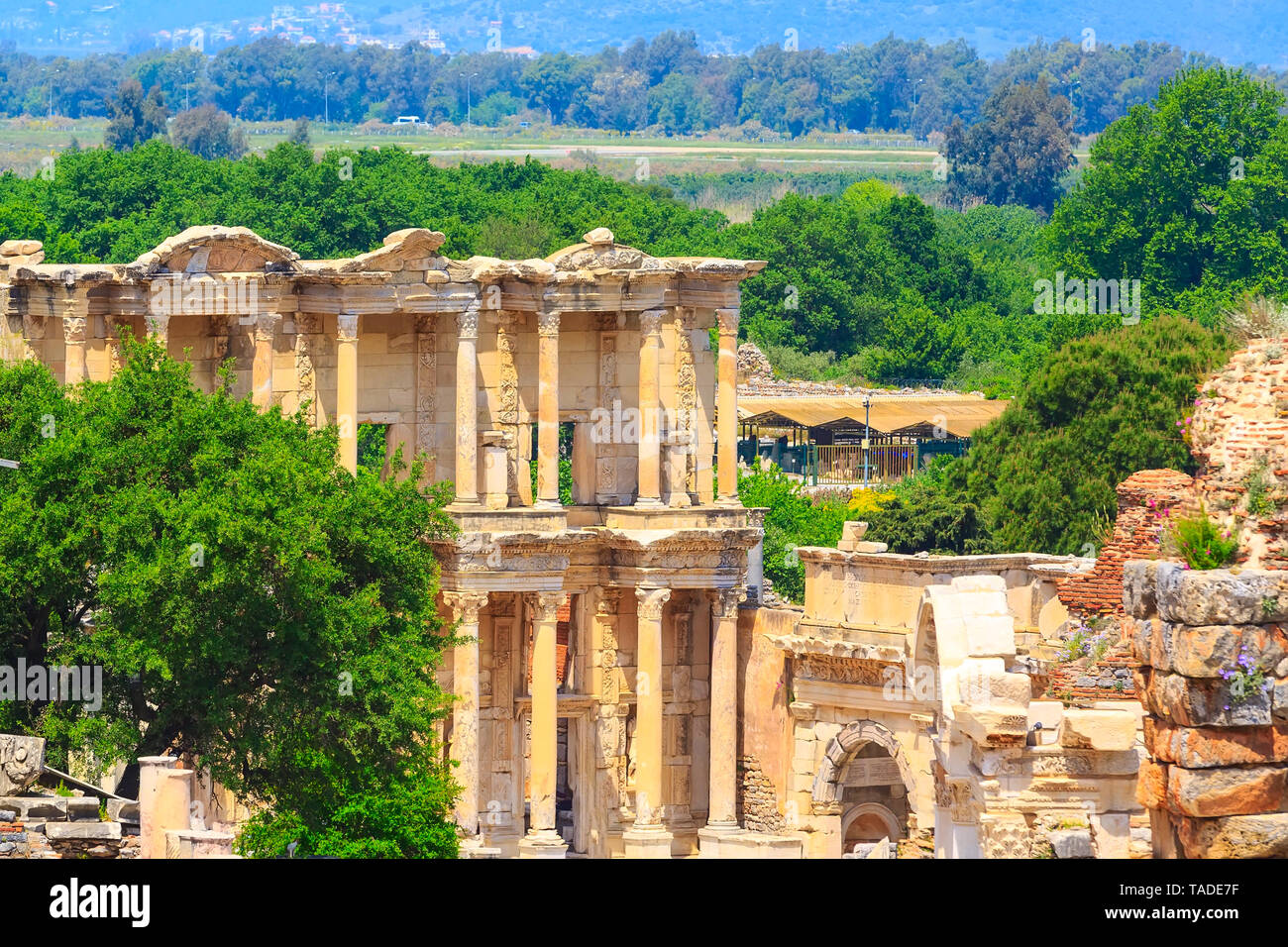 Celsus Library and old ruins close-up details view in Ephesus, Efes ...