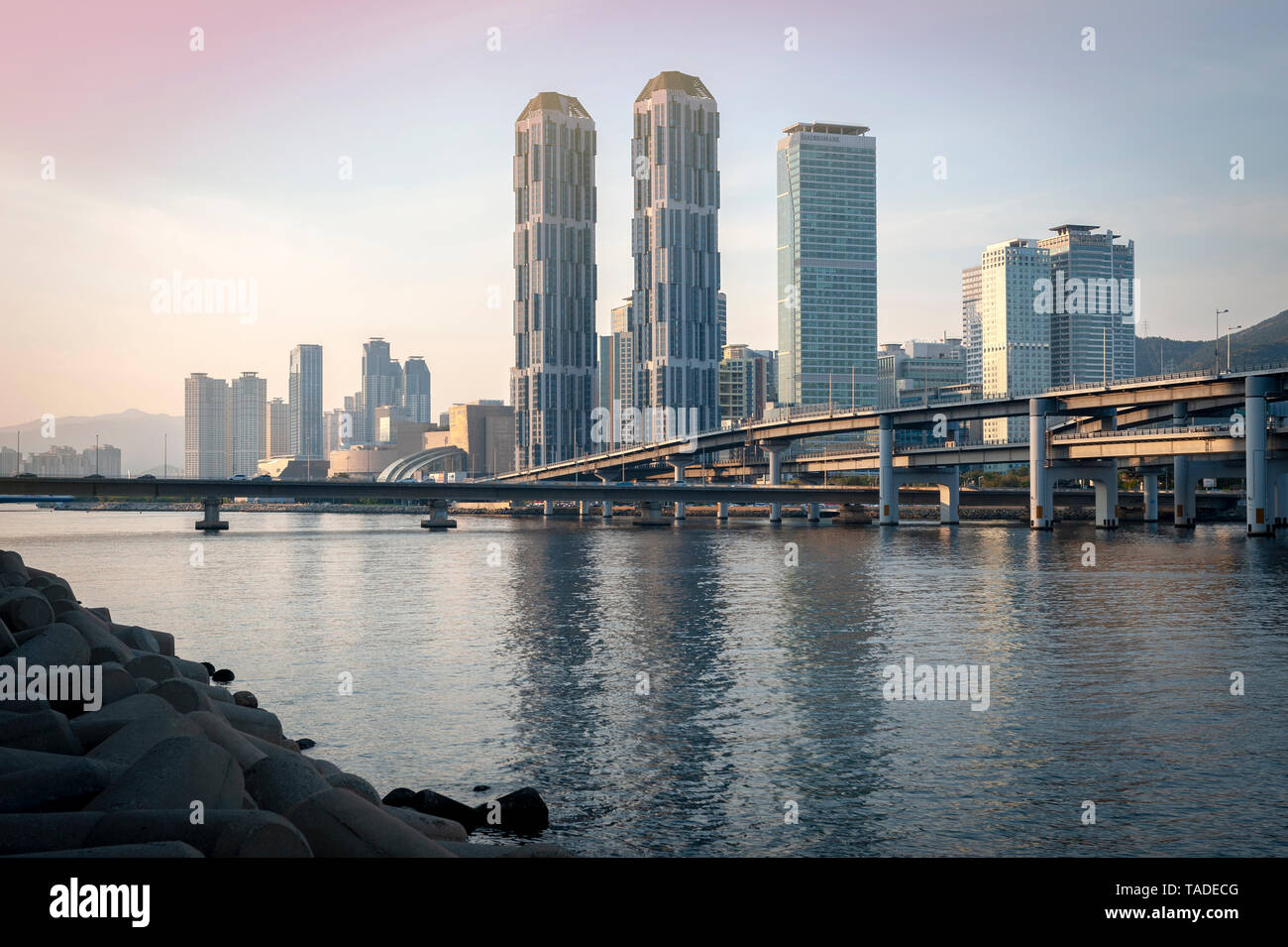 Cityscape of Busan with skyscrapers in Centum City area in Haeundae ...