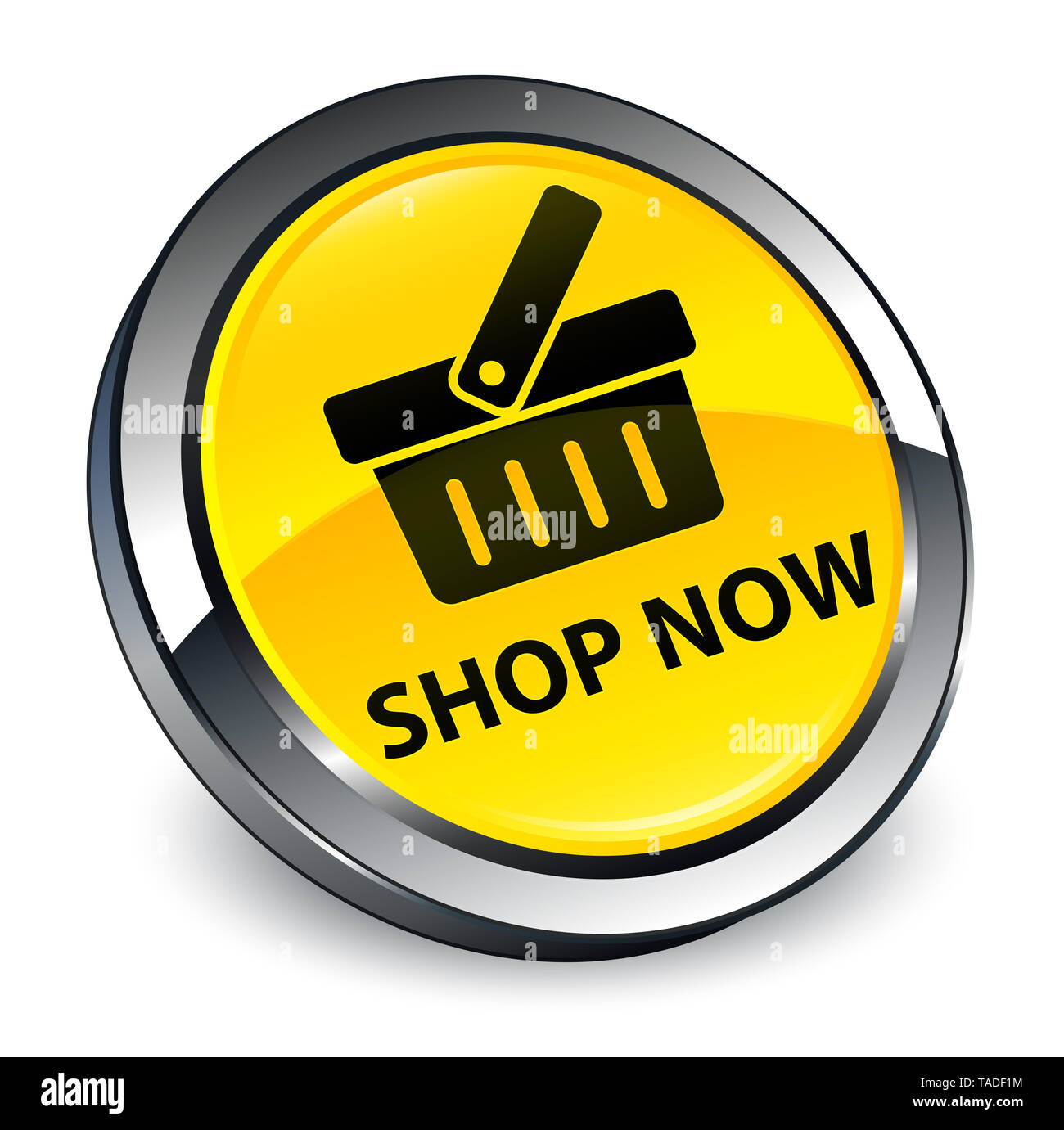 Shop now isolated on 3d yellow round button abstract illustration Stock ...