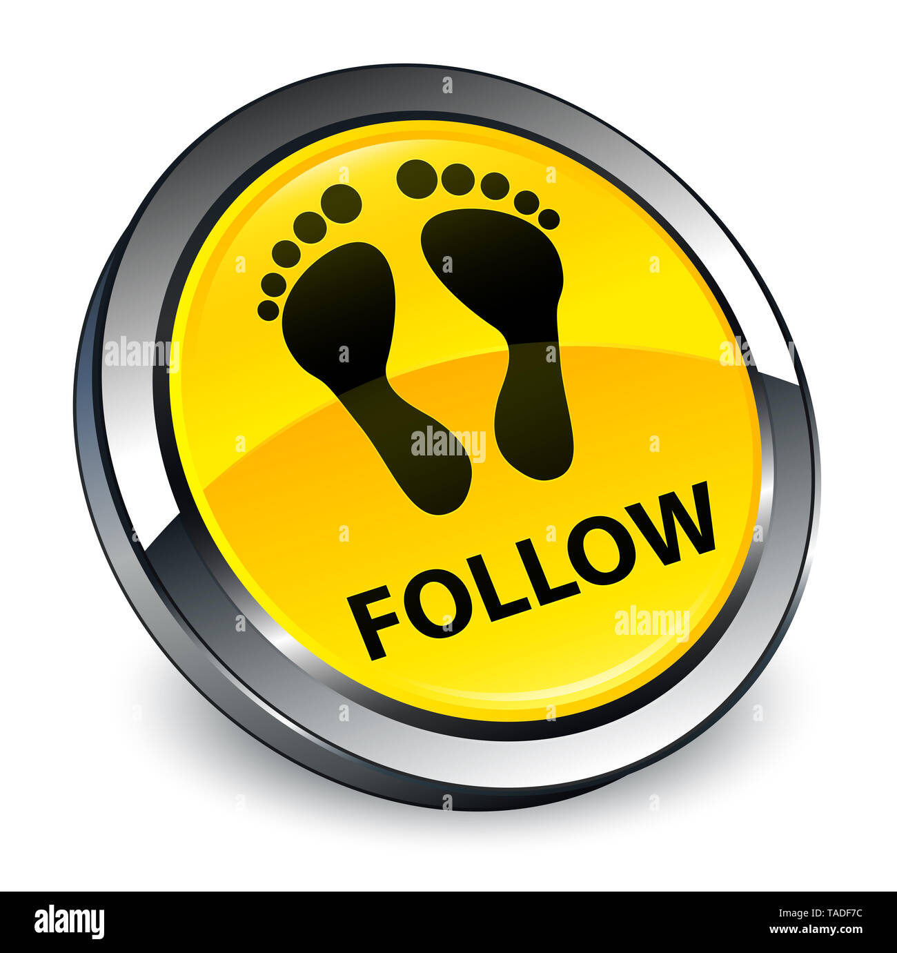 Follow (footprint icon) isolated on 3d yellow round button abstract ...