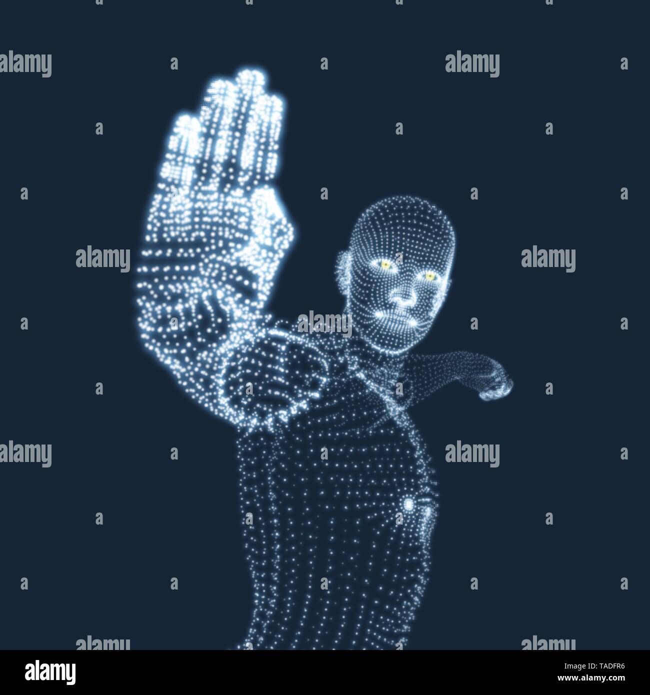 Vector man with hand up to stop. Human showing stop gesture. 3D model ...