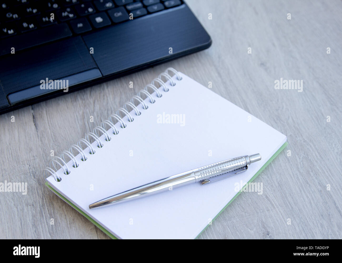 Workplace with notepad notebook, Minimal work space - Creative flat lay ...