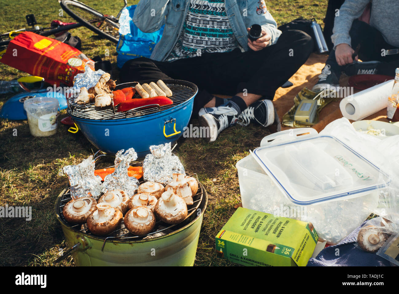 Young people having a barbecue in park Stock Photo - Alamy