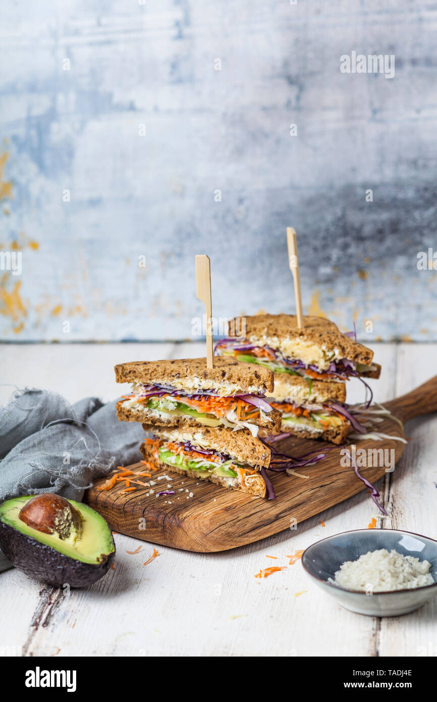 Veggie Sandwich, whole meal toast bread with grated carrot, red cabbage ...