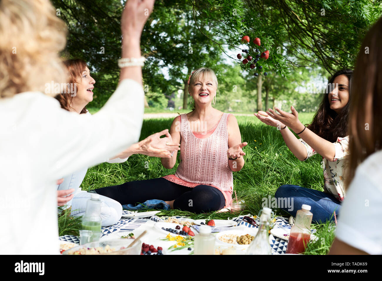 Happy women throwing berries in the air at a picnic in park Stock Photo ...