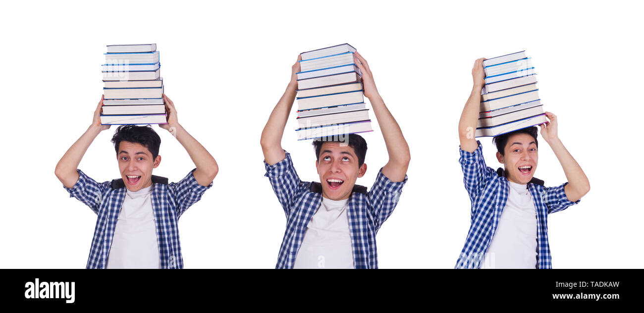 Funny student with stack of books Stock Photo - Alamy