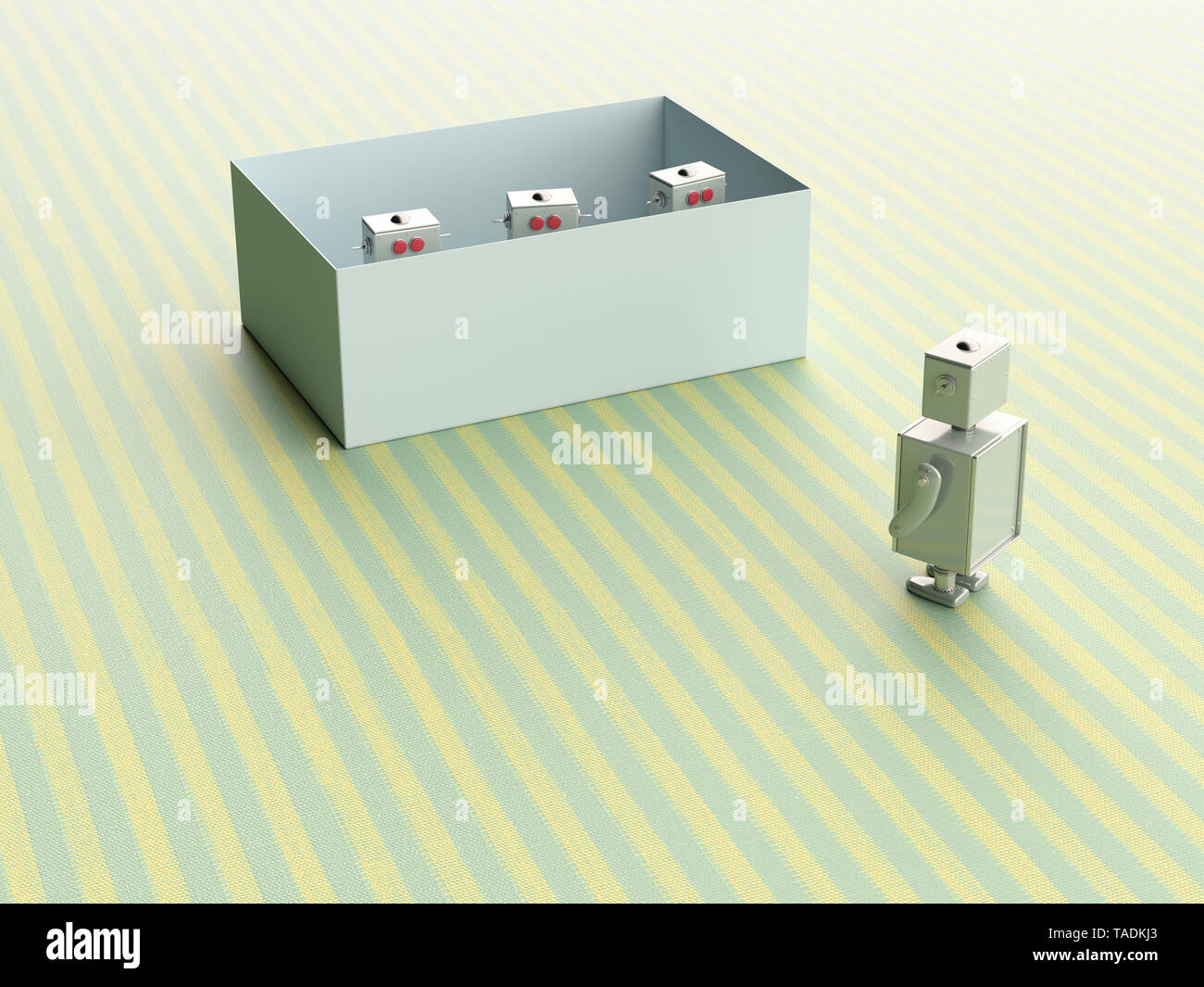 3D rendering, Toy robot waiting for robot colleagues, captured in a box ...