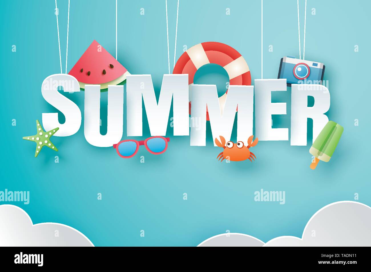 Hello summer with decoration origami hanging on blue sky background ...