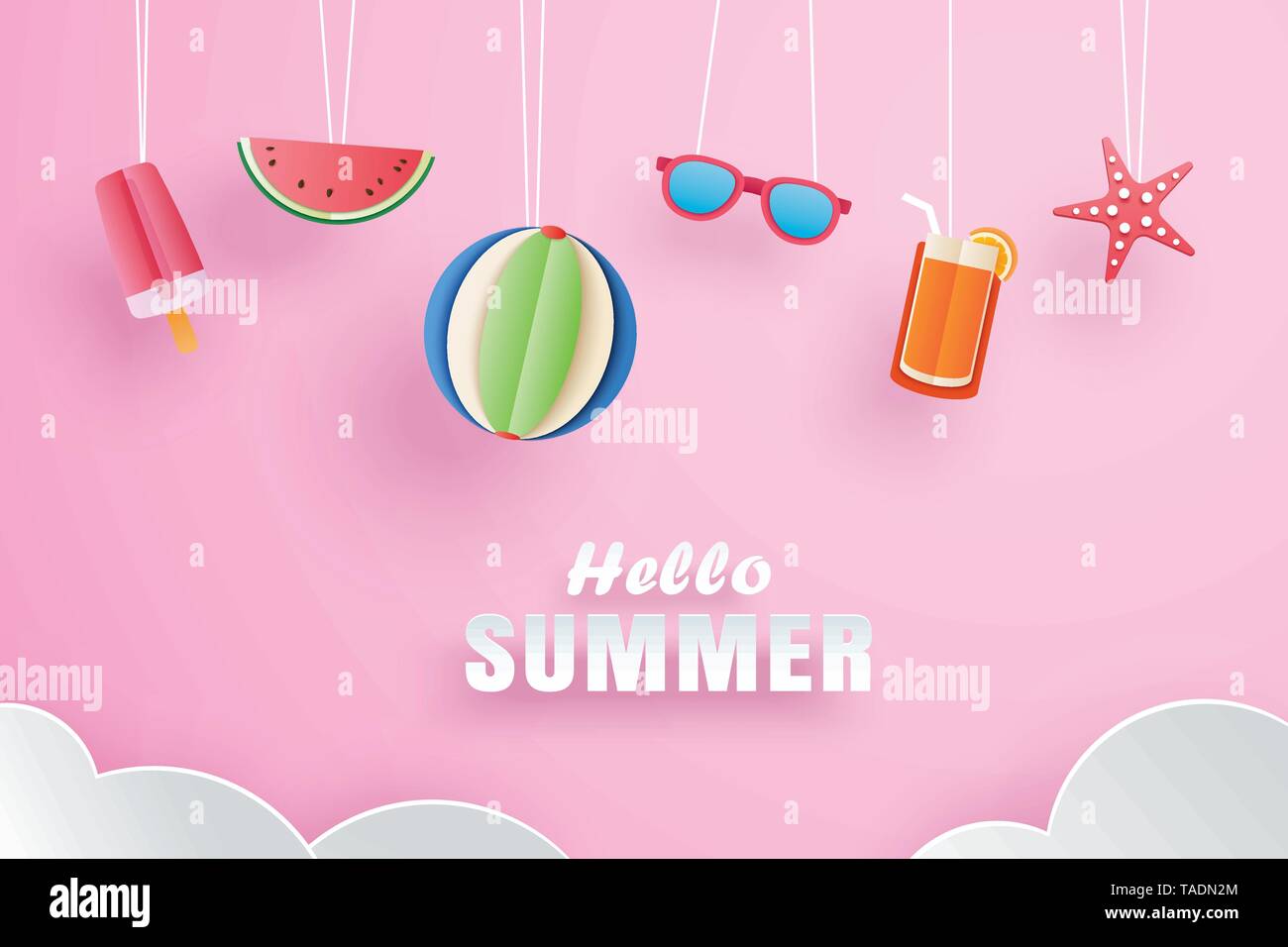 Hello summer with decoration origami hanging on pink background. Paper ...
