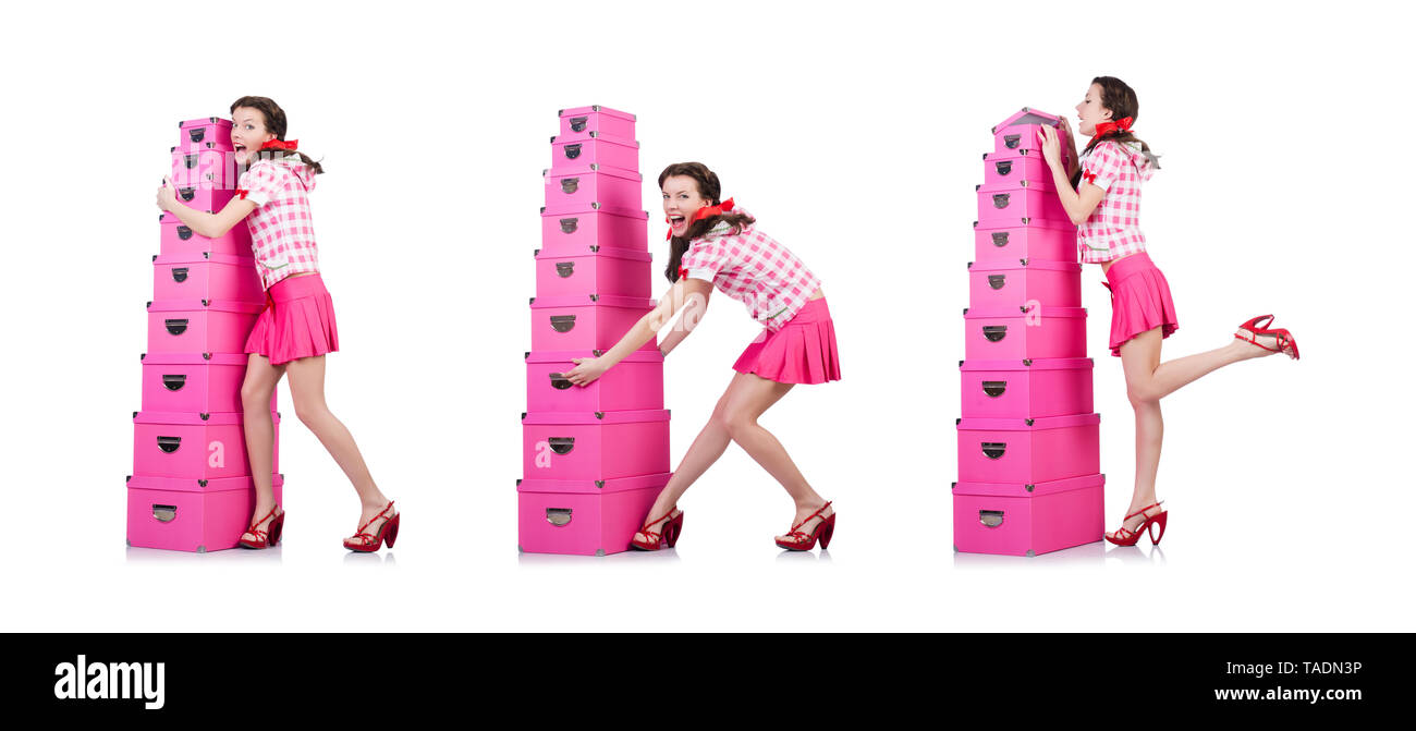 Young woman with storage boxes on white Stock Photo - Alamy