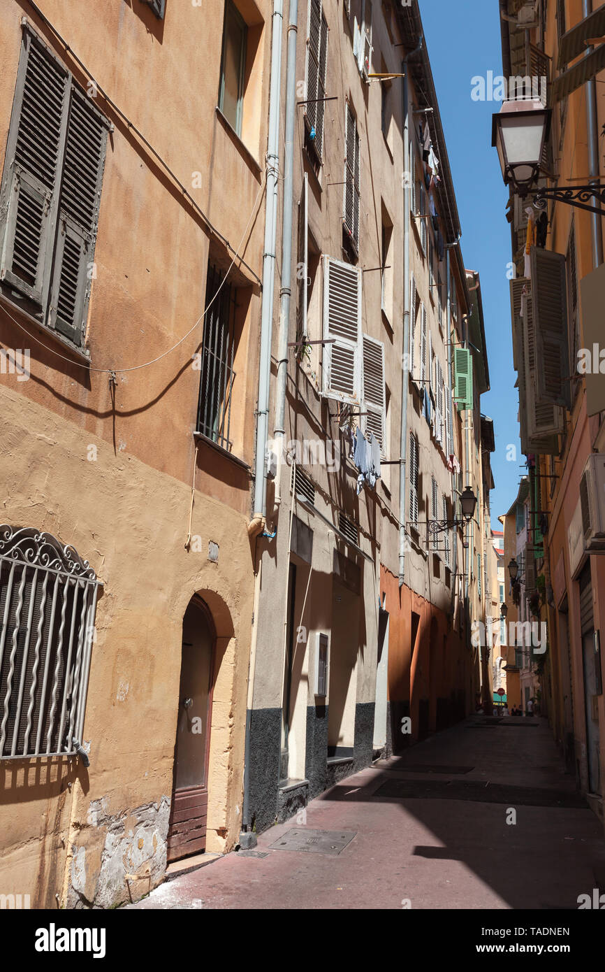 Narrow street of the old town of Nice. French Riviera, France. Vertical ...