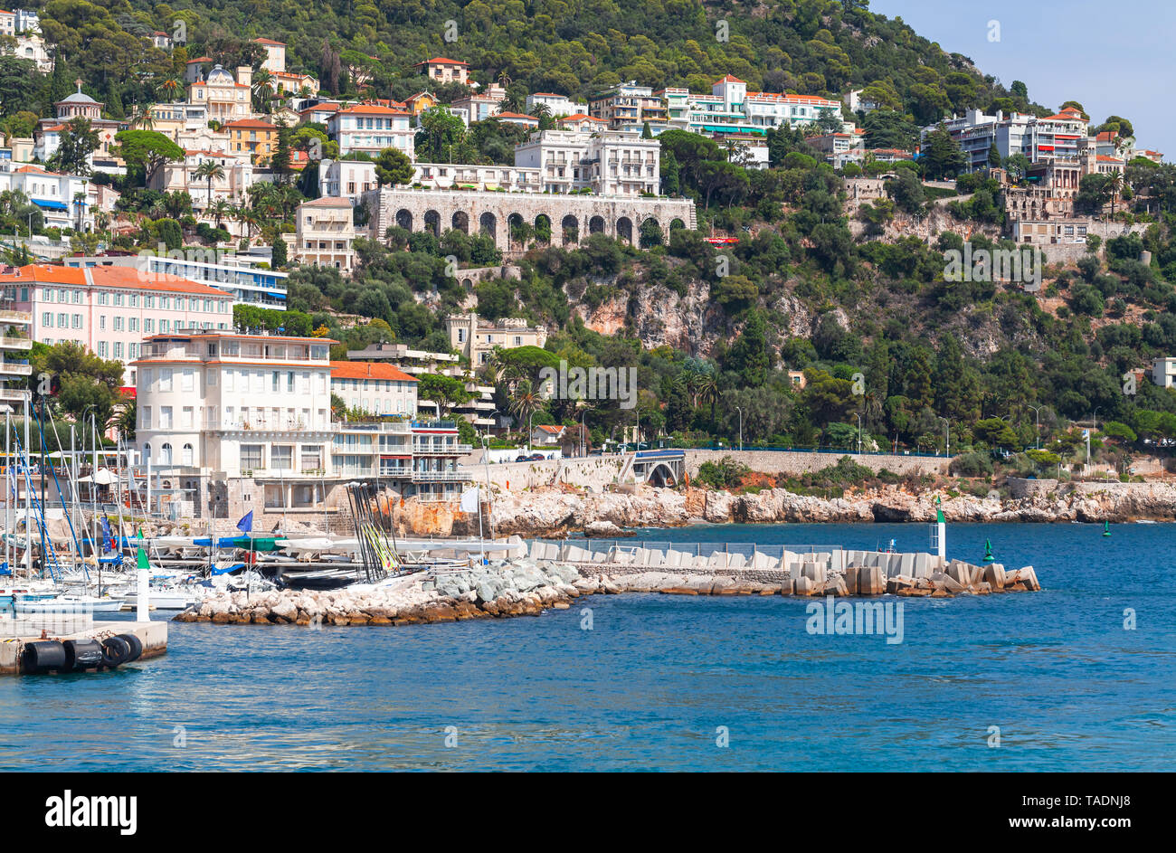 Coastal landscape with Port of Nice, French Riviera, France Stock Photo ...
