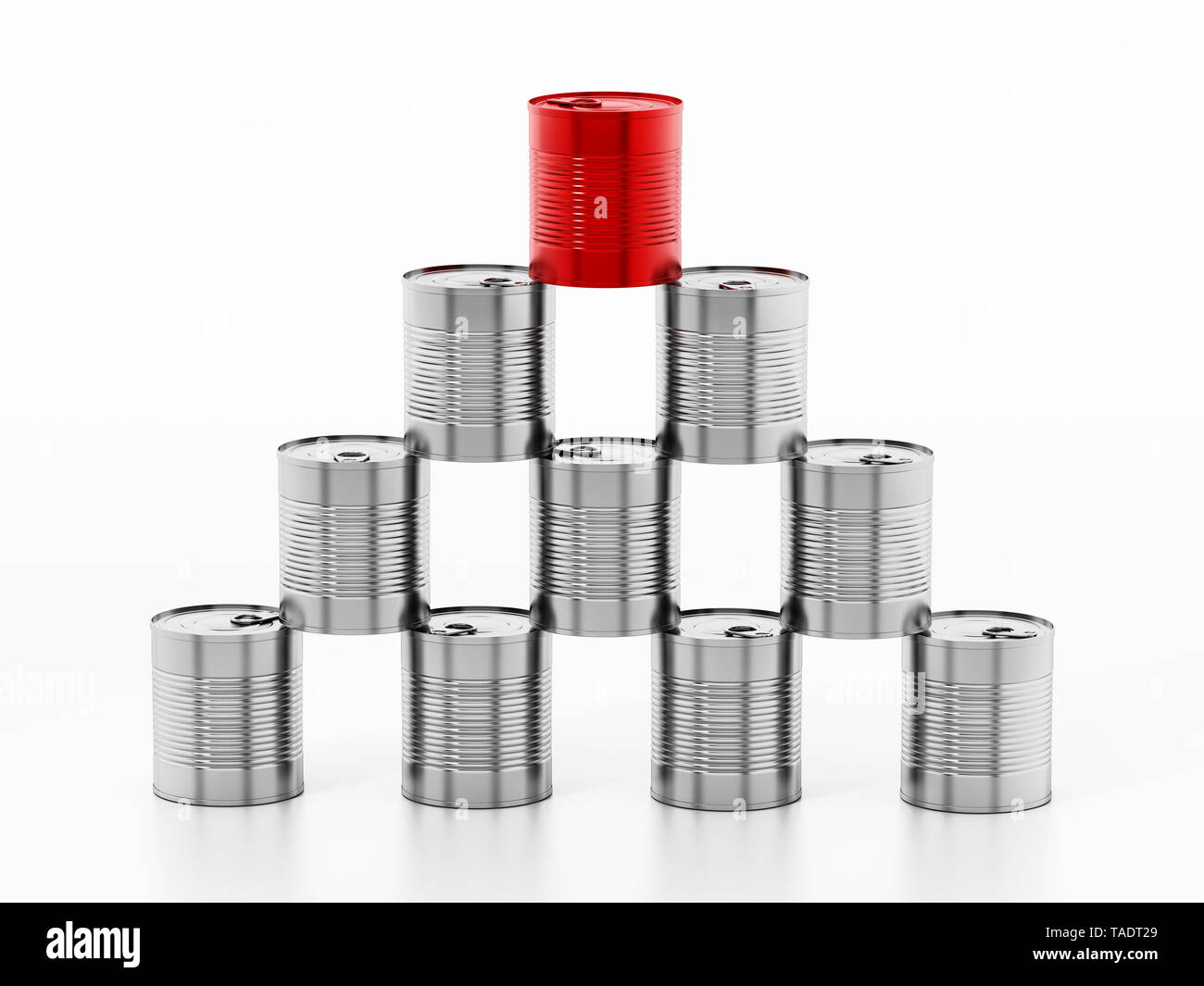 Tower of tin cans with one red can isolated on white background. 3D ...